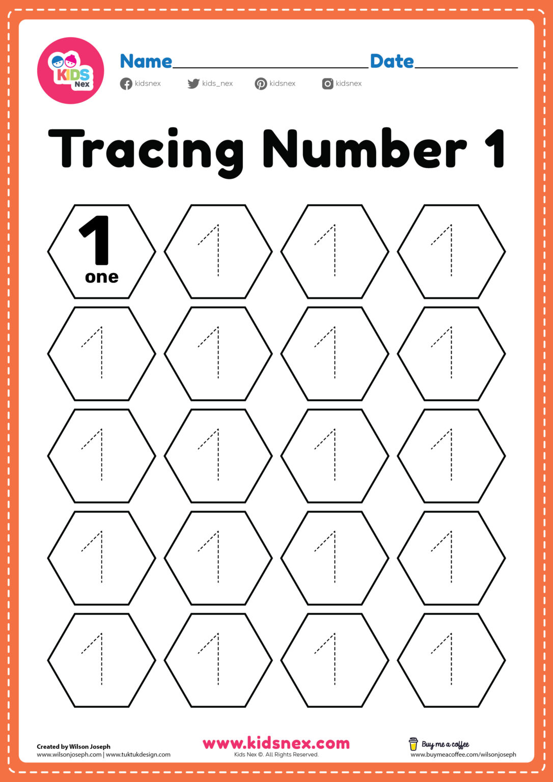Preschool Number 1 Tracing Worksheet PDF Printable for Kindergarten