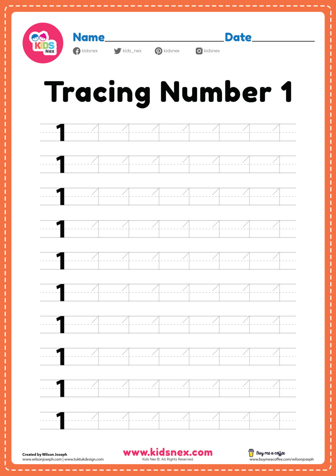 Worksheet for Tracing Number 1 - Free Printable | KidsNex
