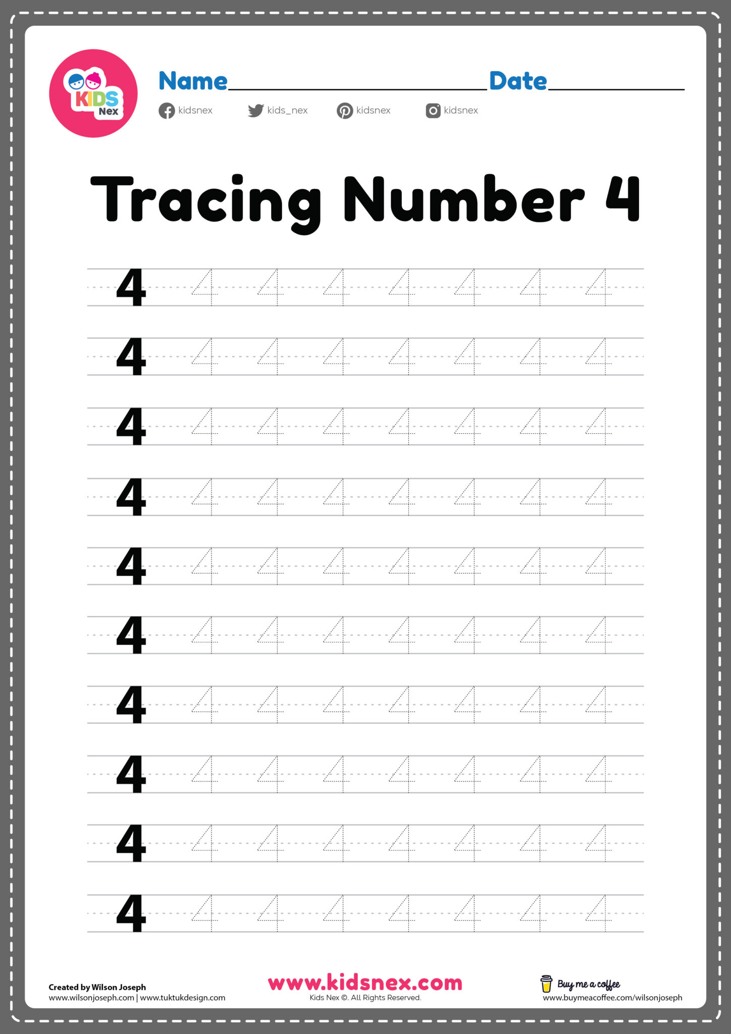 Tracing Number 4 Worksheet Free Printable PDF for Preschool