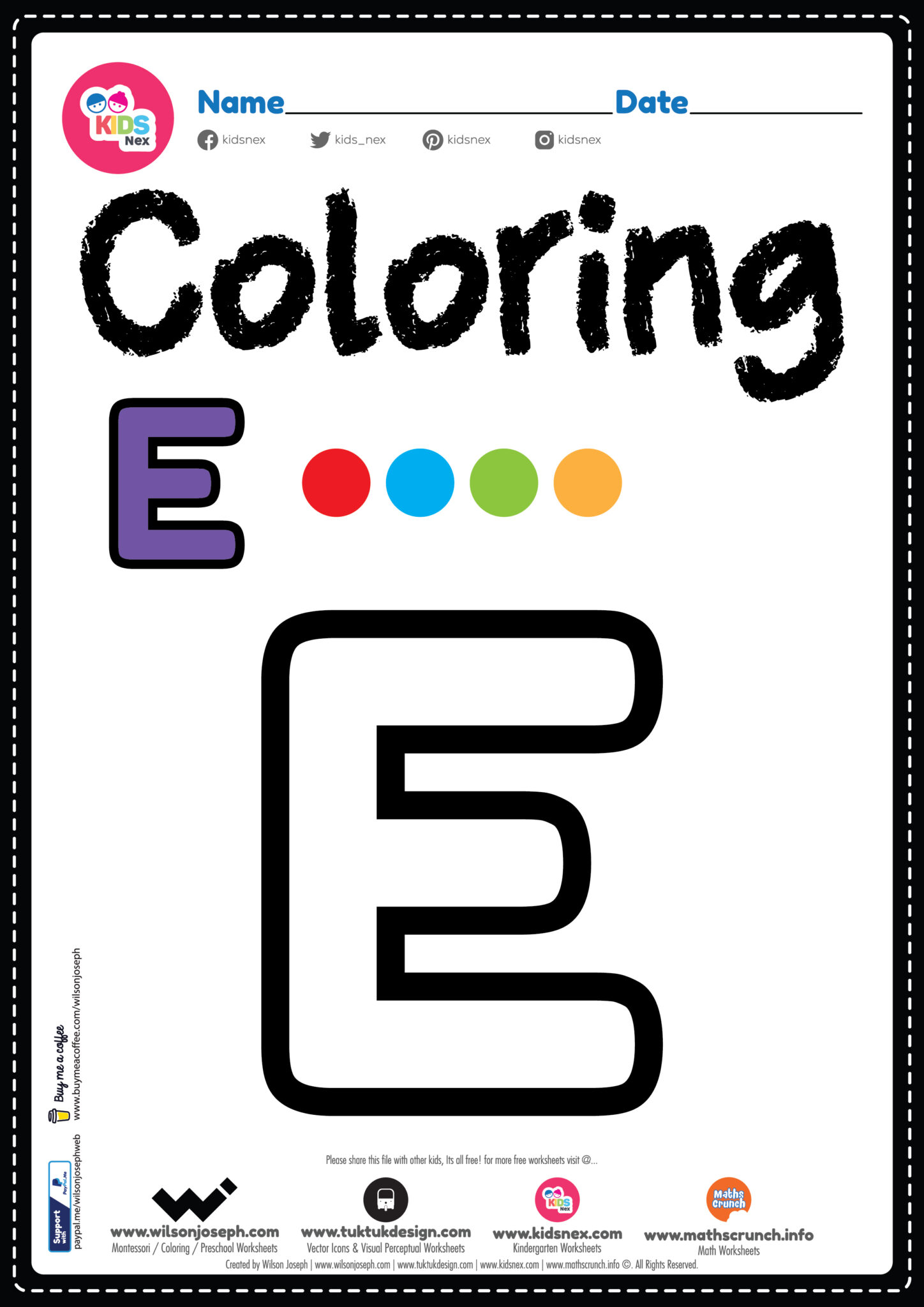 Letter E Alphabet Coloring Page Worksheet Free Printable PDF