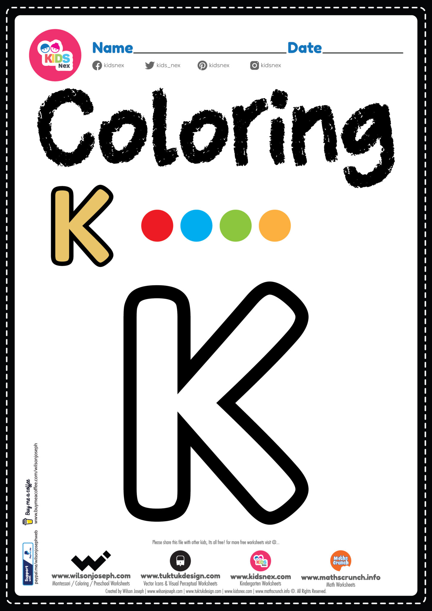 Letter K Alphabet Coloring Page Worksheet Free Printable PDF