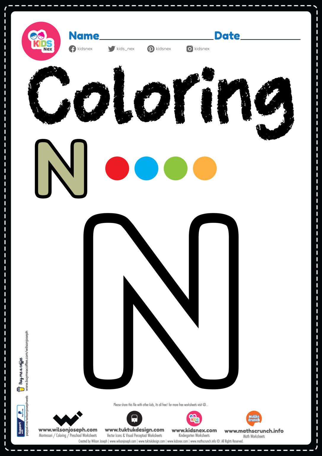 Letter N Alphabet Coloring Page worksheet Free Printable PDF
