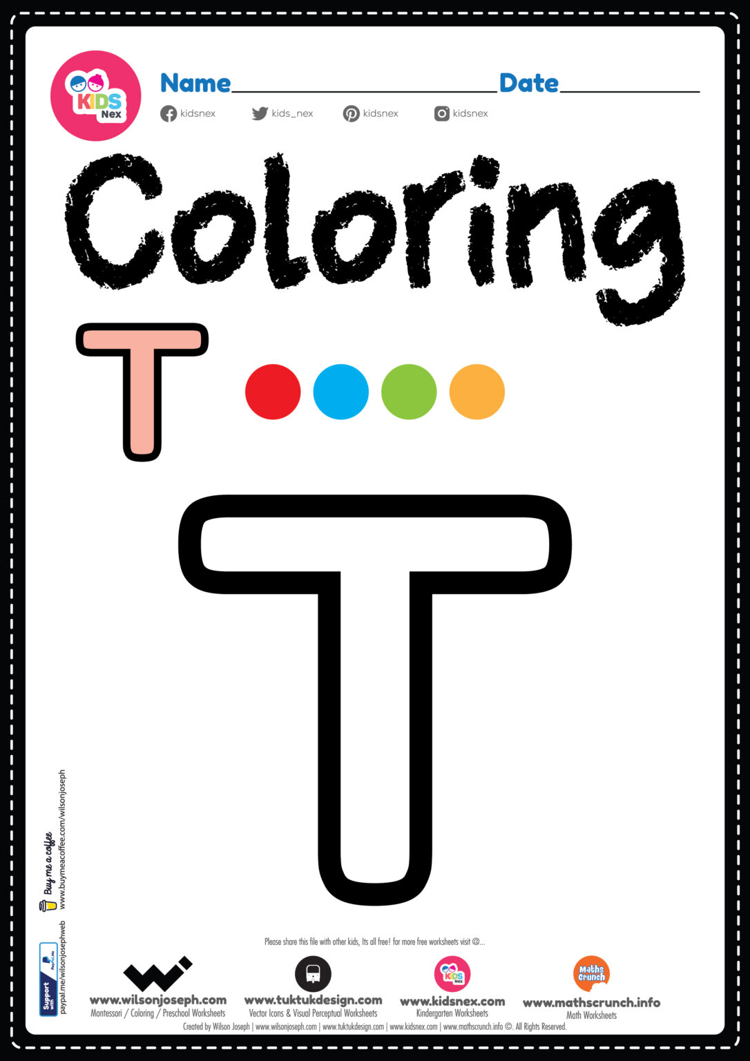 Letter T Alphabet Coloring Page worksheet Free Printable PDF