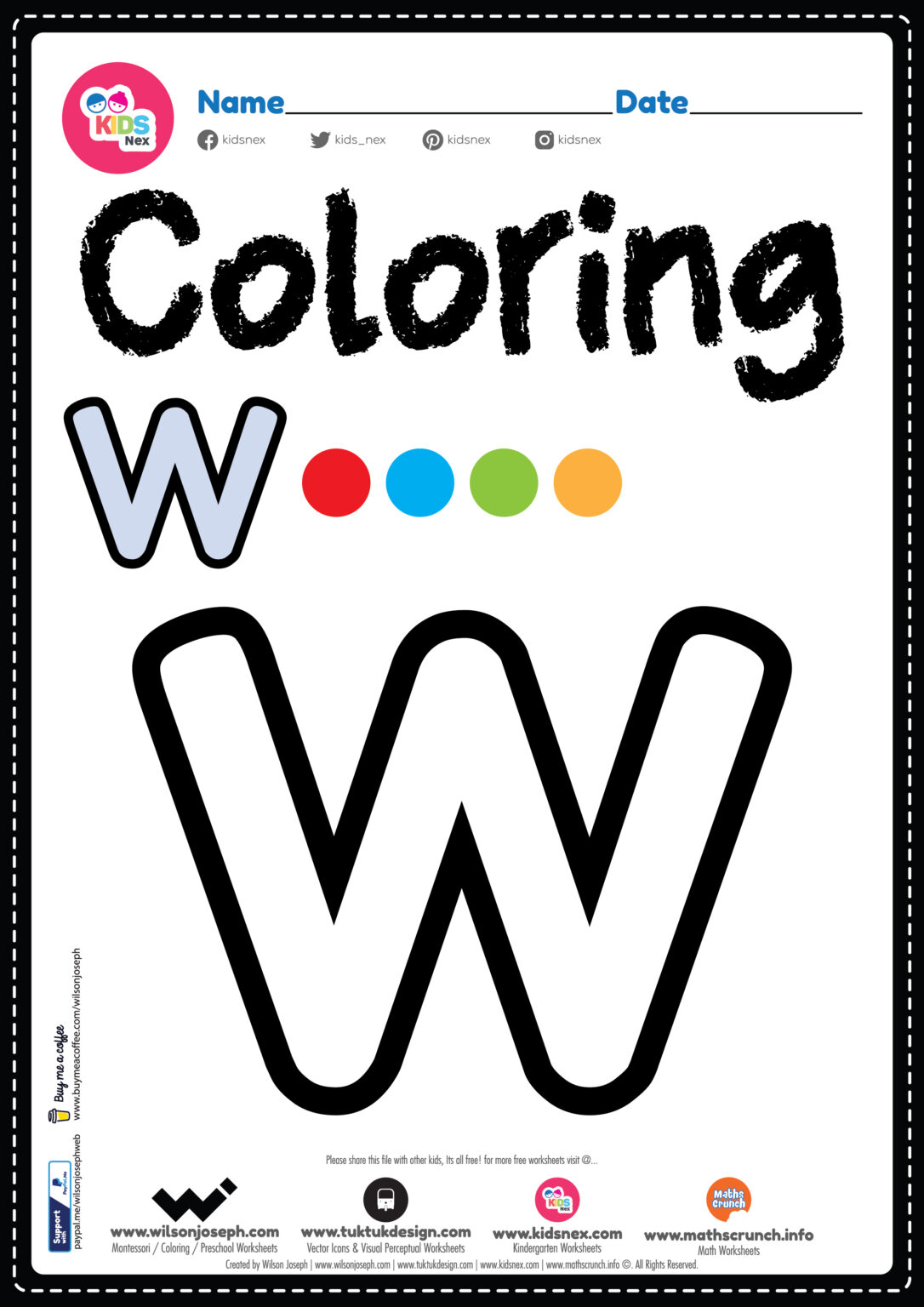 Letter W Alphabet Coloring Page worksheet Free Printable PDF